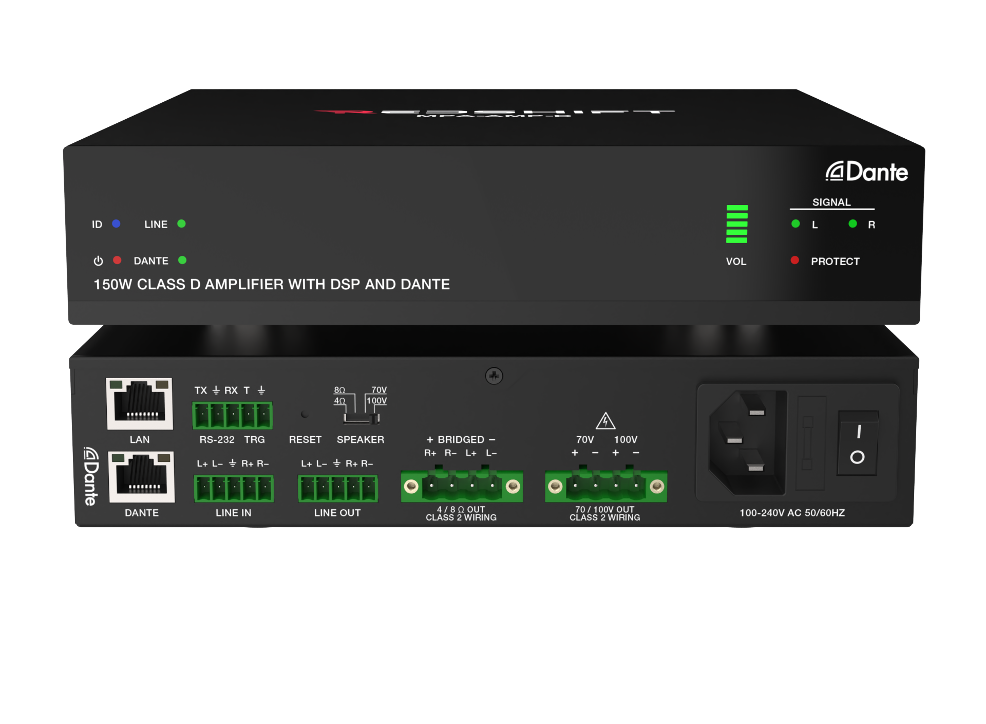 150W 2CH Class D Amplifier with DSP and Dante in/out – Merik Distribution